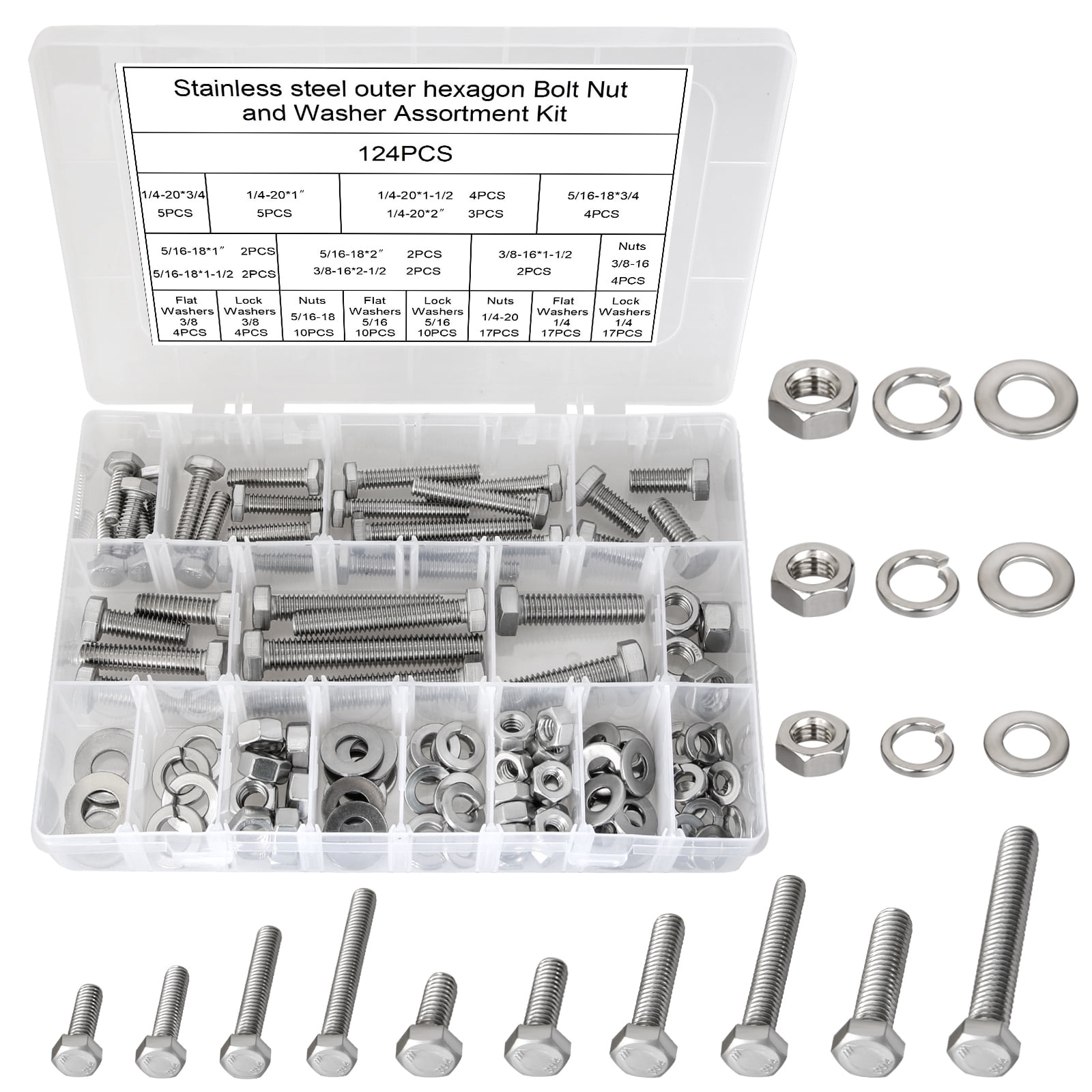 124PCS Nuts and Bolts Assortment Kit, 3/8" 1/4" 5/16" Hex Bolts and ...