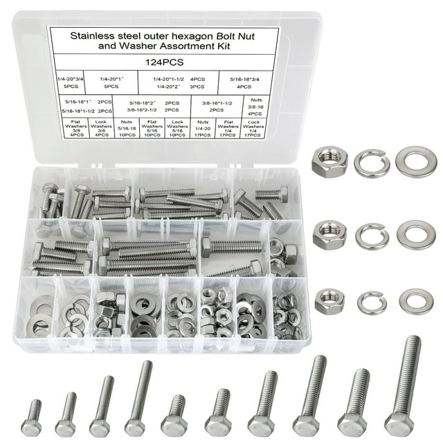 124PCS Nuts and Bolts Assortment Kit, 3/8" 1/4" 5/16" Hex Bolts and ...