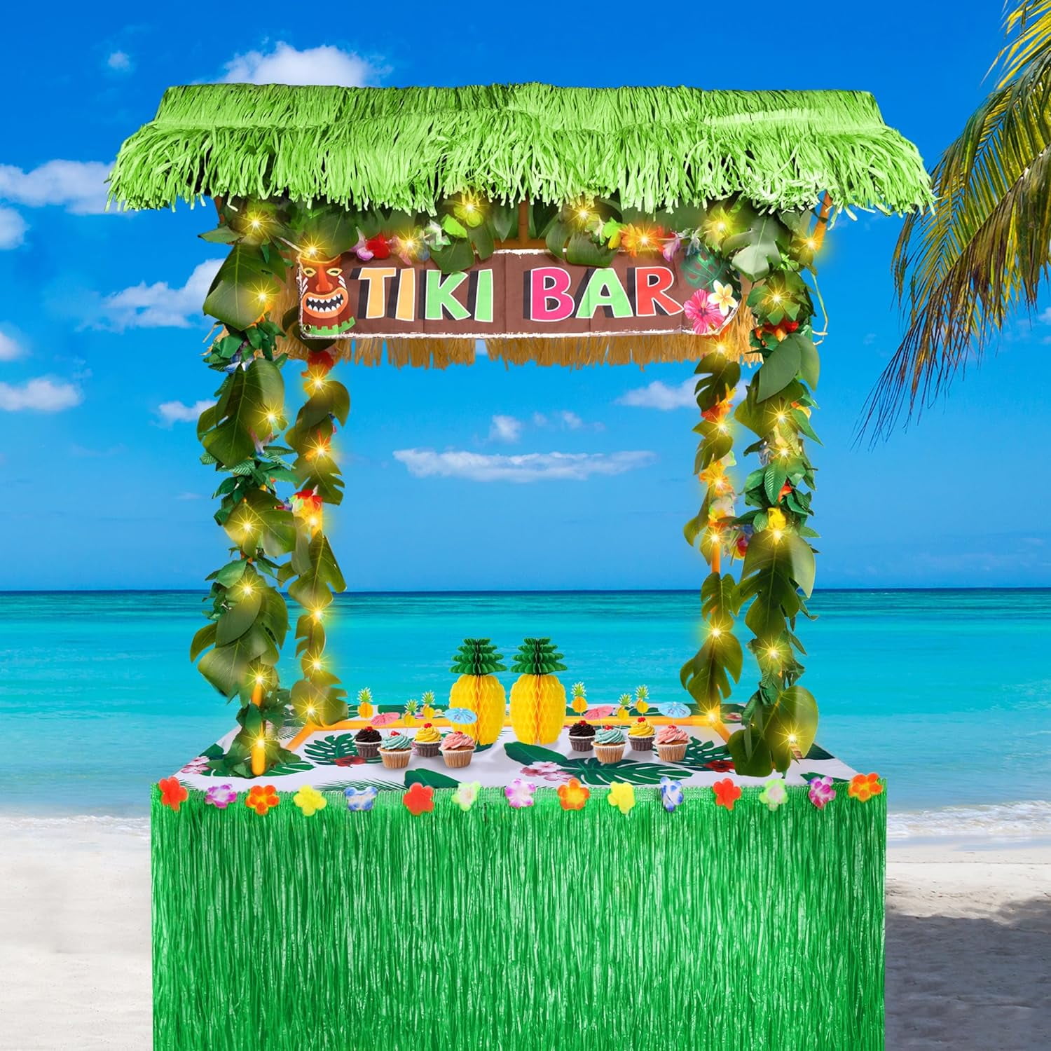 124PCS Tiki Bar Hut Kit, Portable Outdoor Tiki Bar Decor with Grass ...