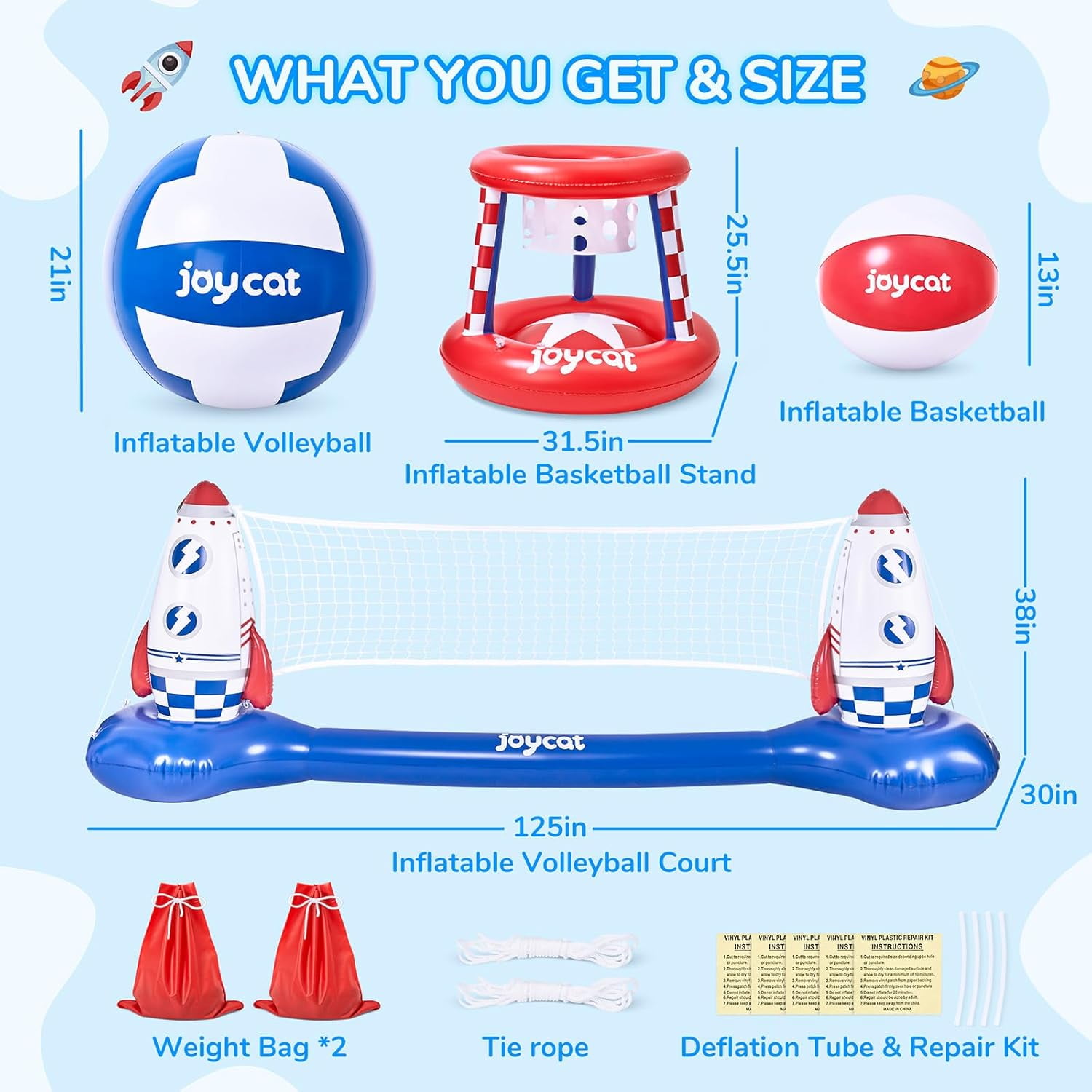 125 Inch Inflatable Pool Volleyball Net & Basketball Hoop Set for ...