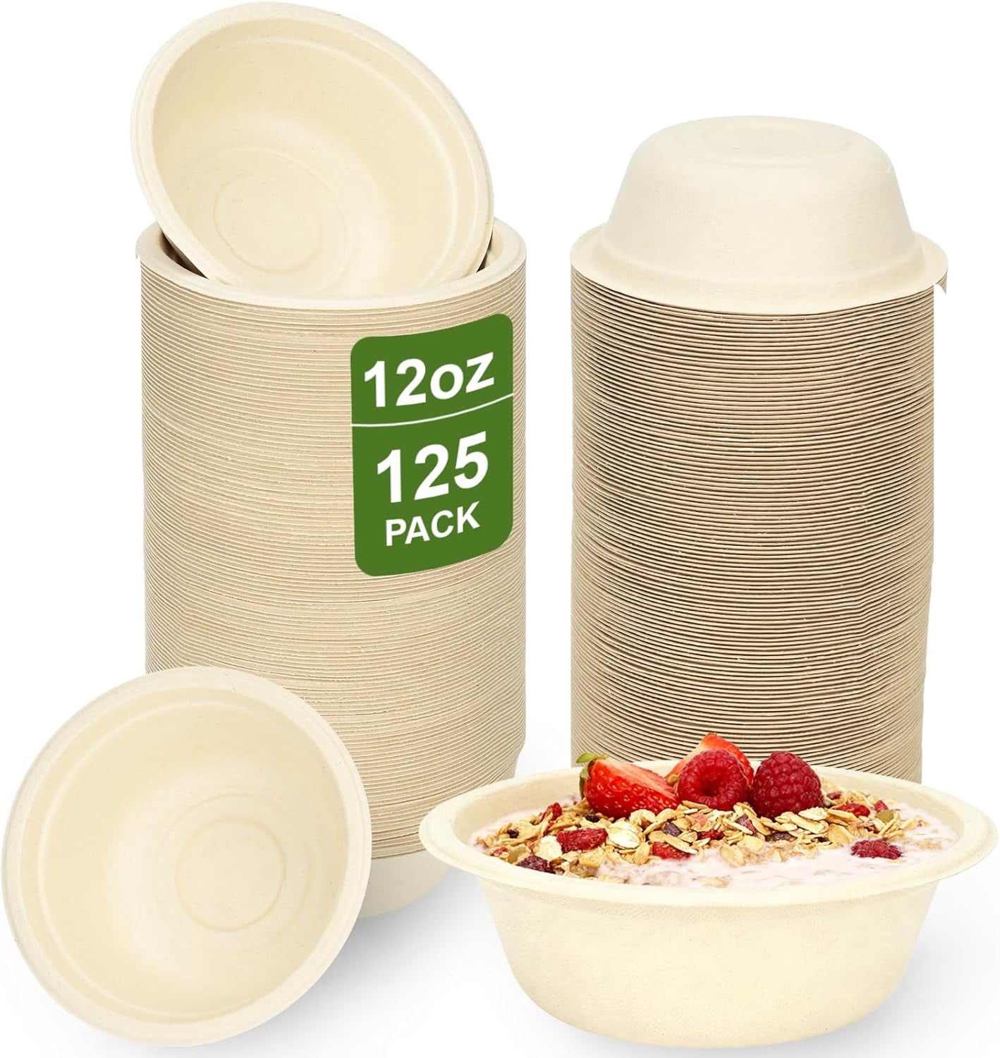 125 Pack 12 OZ Paper Bowls, Natural Compostable Disposable Soup Bowls ...