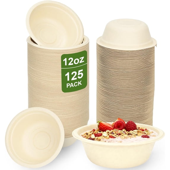 125 Pack 12 OZ Paper Bowls, Natural Compostable Disposable Soup Bowls ...