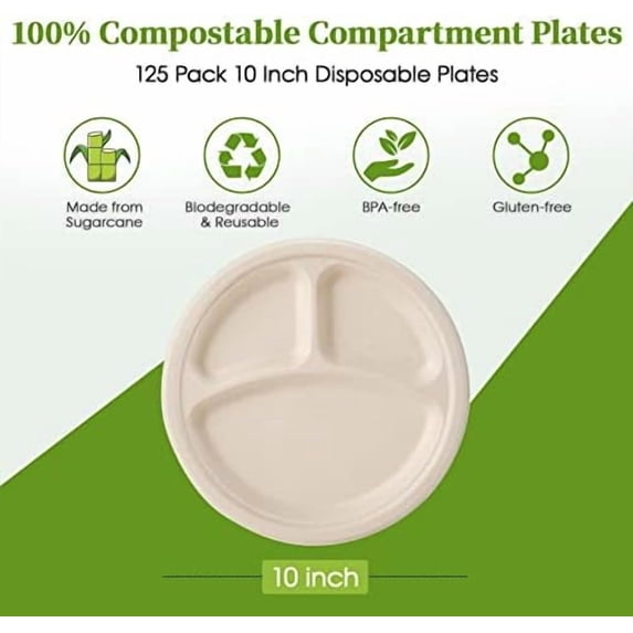 125 Pack 3 Compartment Plates Disposable, 10 inch Heavy-Duty ...
