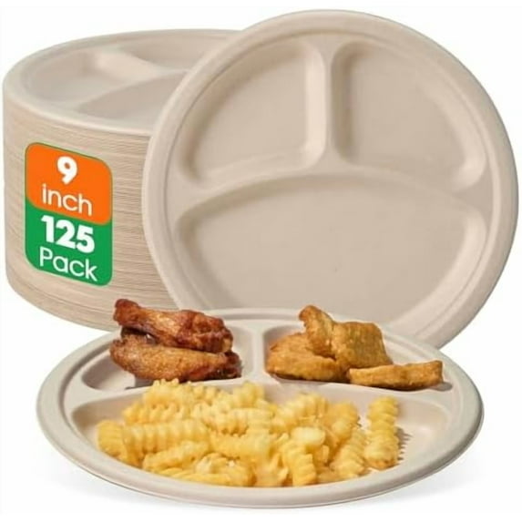 125 Pack Compostable 3 Compartment Plates, 8.85 inch Heavy-Duty ...