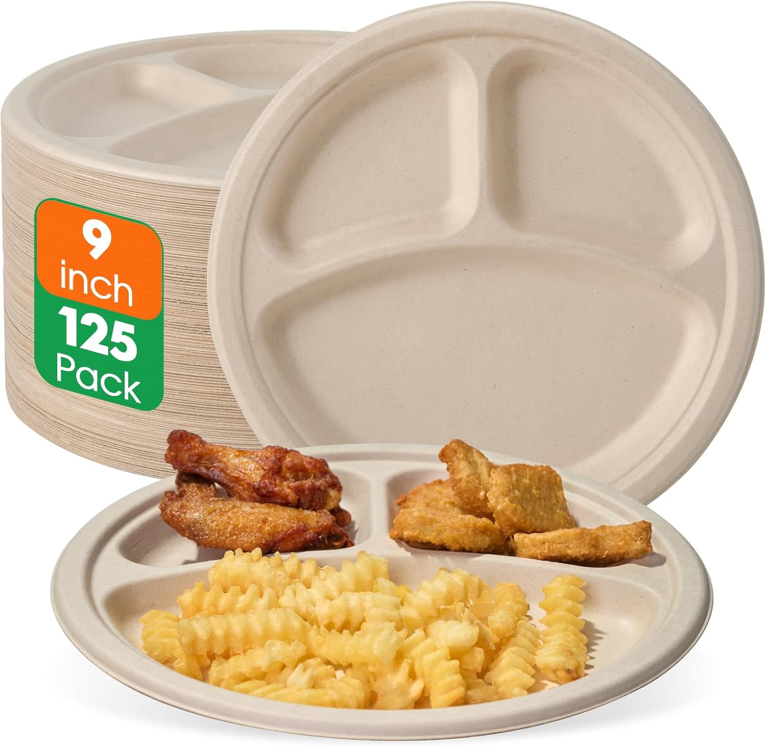 125 Pack Compostable 3 Compartment Plates, 8.85 inch Heavy-Duty ...