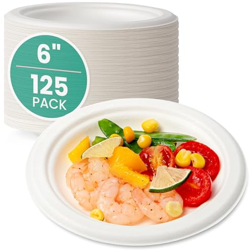 [125 Pack] Compostable Paper Plates, 6 Inch Biodegradable Round Plates ...