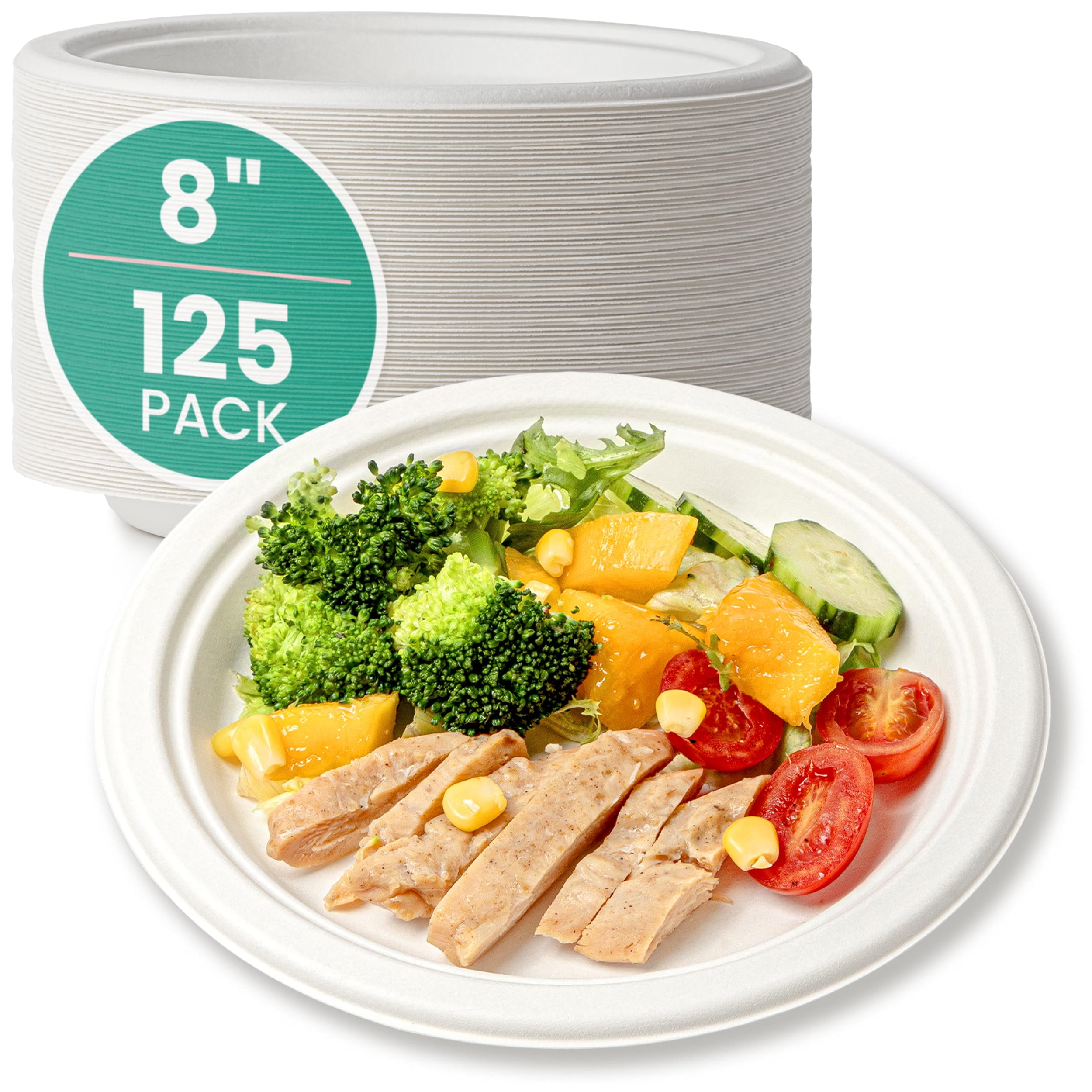 Fit Meal Prep 125 Pack Compostable Paper Plates, 8" Biodegradable Round ...