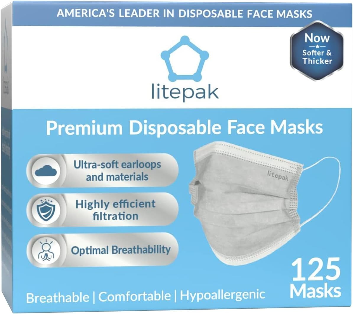 Litepak Disposable Face Masks, 125-Pack, Comfort Earloops, Hygienic ...