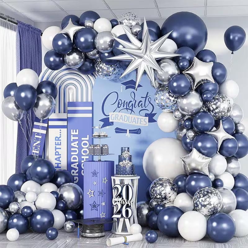 125-Piece Graduation Balloon Set - White, Dark Blue, Metallic Silver ...