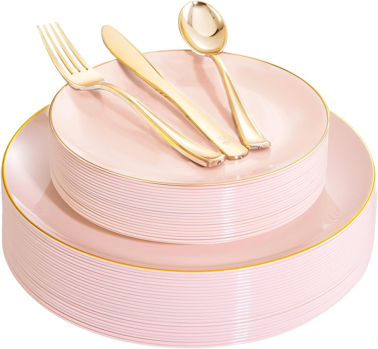125-Piece Pink Plastic Party Plate and Cutlery Set with Gold Rim – 25 ...