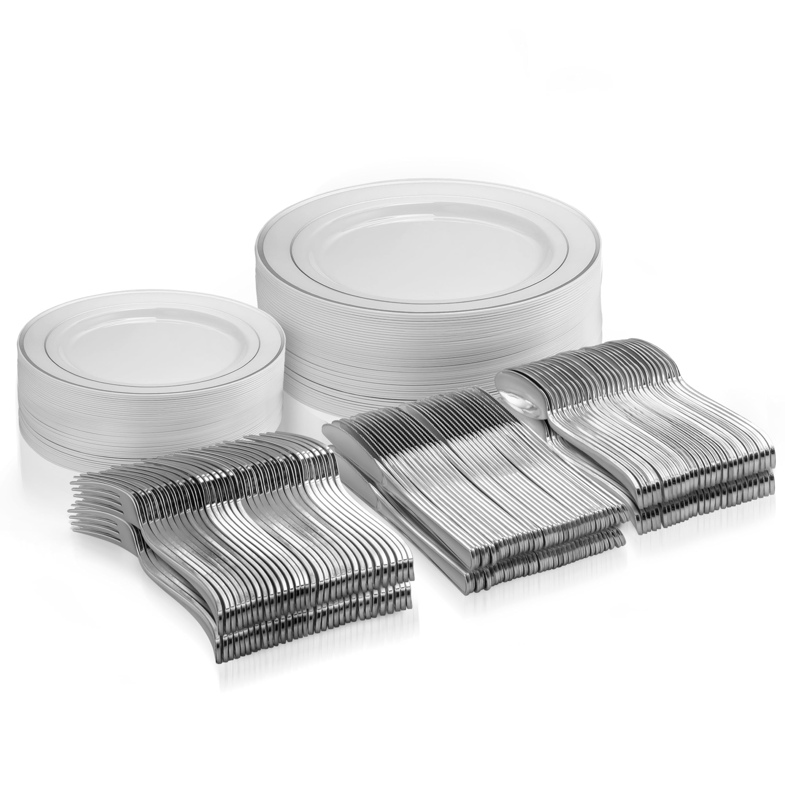 125 Piece Silver Dinnerware Party Set AFN1- 50 Silver Rim Plastic ...