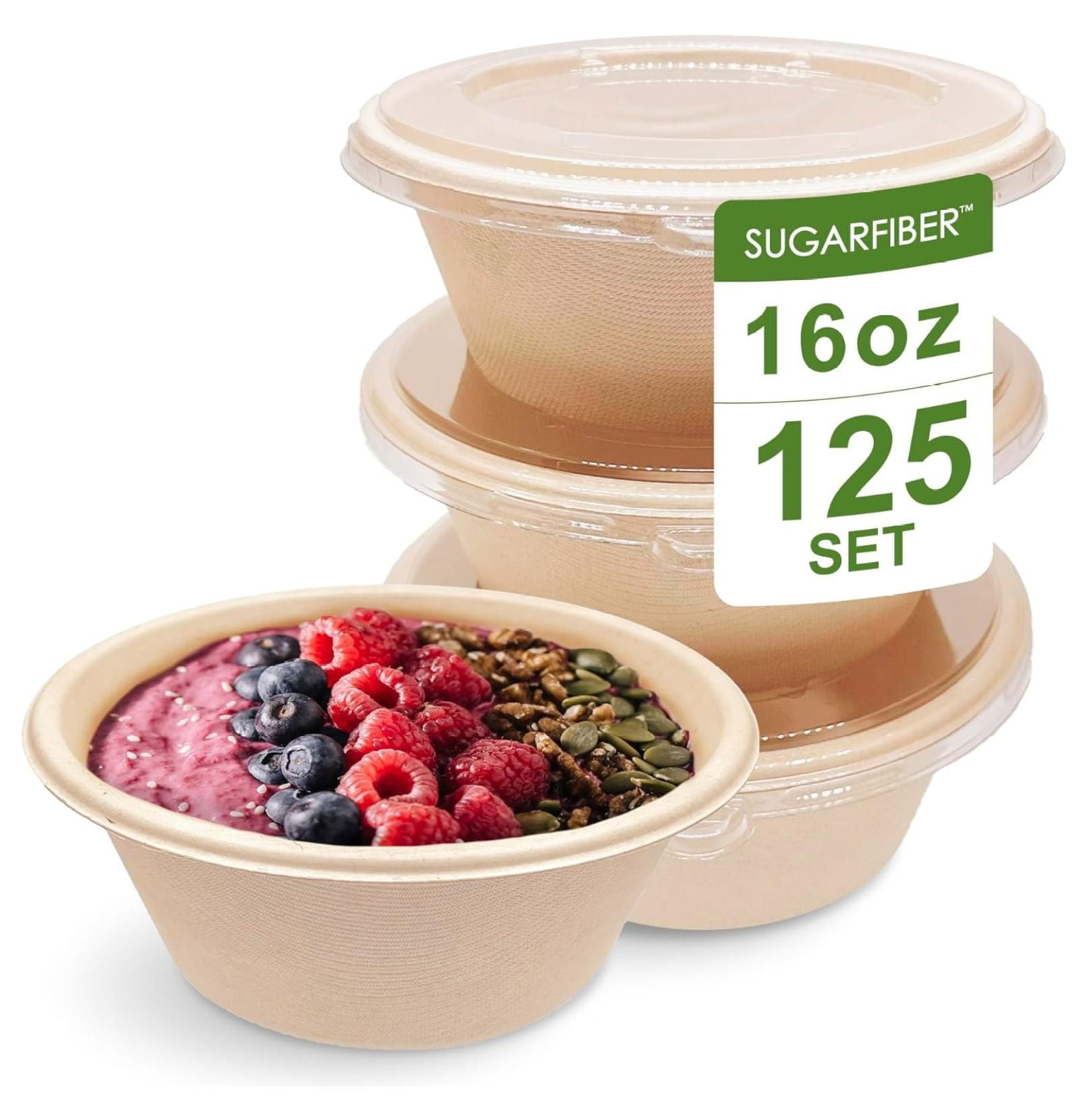 [125 Set]Sugarfiber by Harvest Pack 16oz Round Paper Bowls with Flat ...