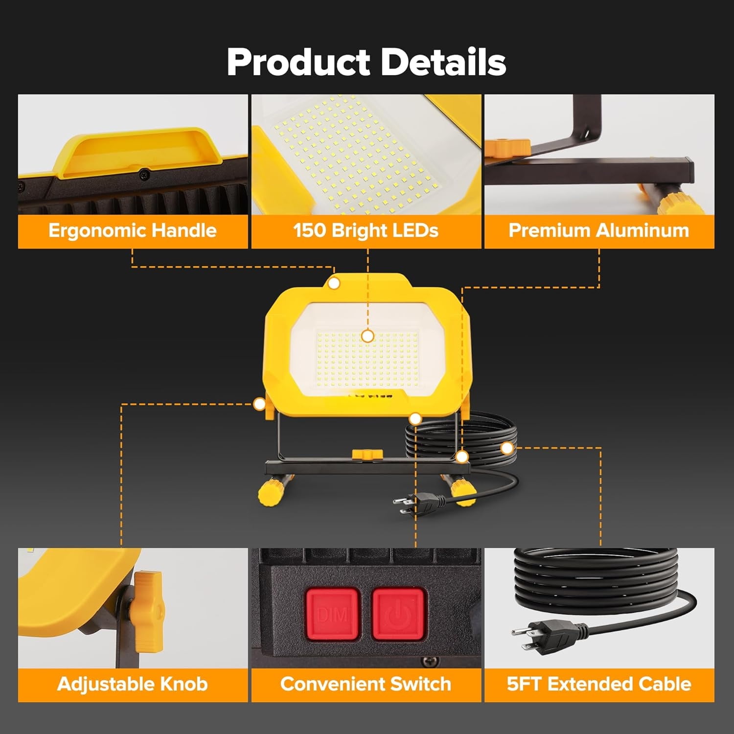 12500 Lumen LED Work Light, Dimmable Flood Light with 3 Brightness ...