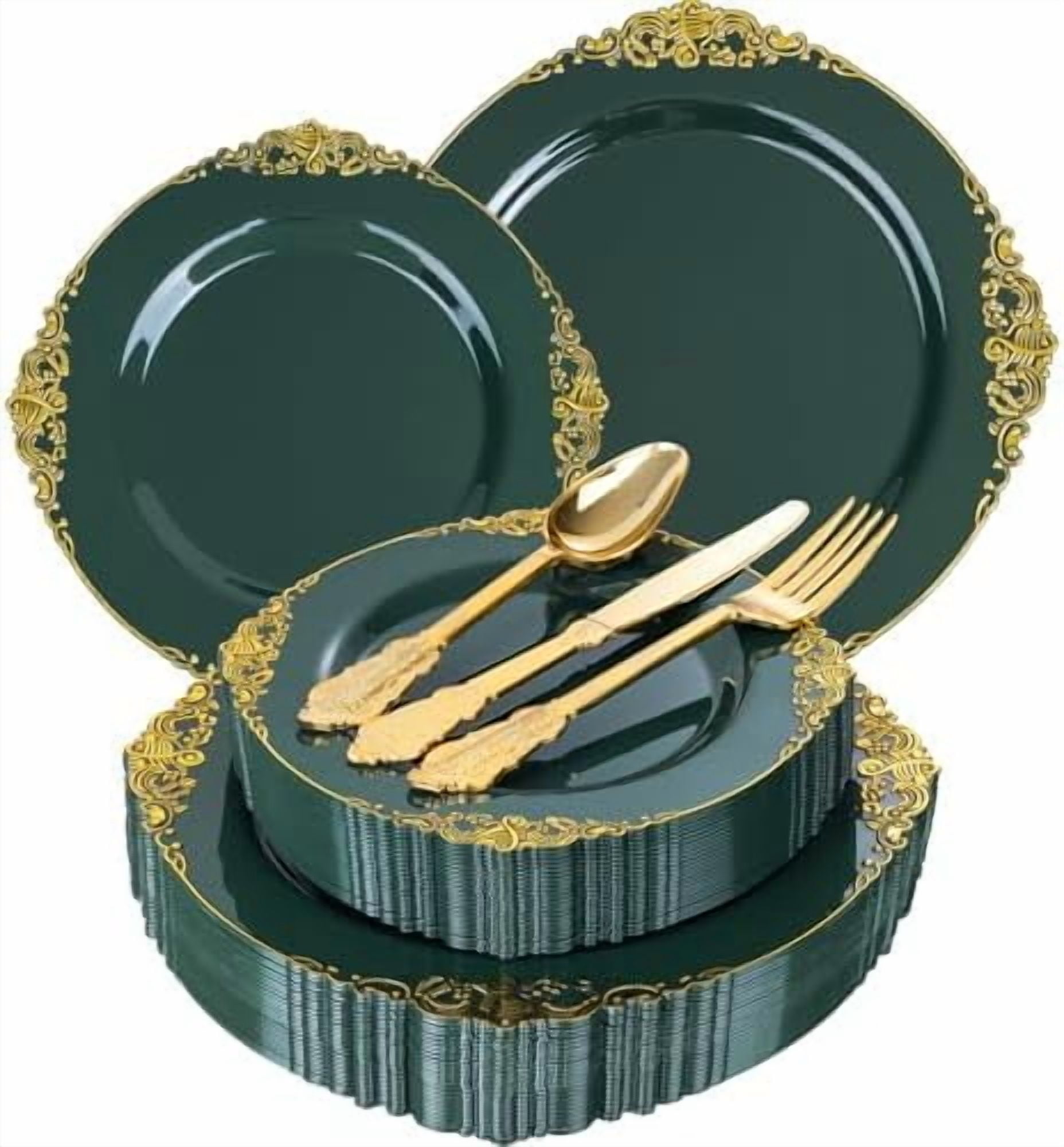 125PCS Green and Gold Plastic Plates - Fancy Green Disposable Plates ...
