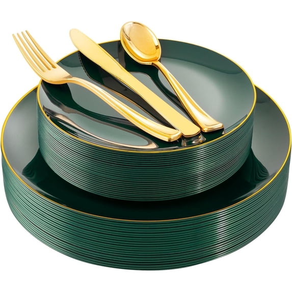 125PCS Green Plastic Plates - Green With Gold Rim Include 25 Dinner ...