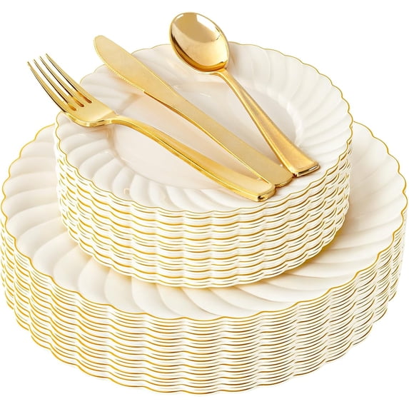 125PCS Ivory Scalloped Disposable Plates and Gold Plastic Cutlery Set ...