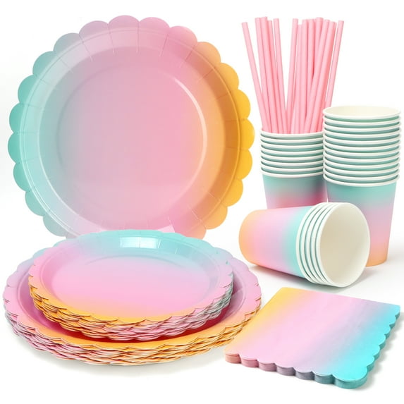 125PCS Party Plates and Cups and Napkins Sets, Iridescent Scalloped ...