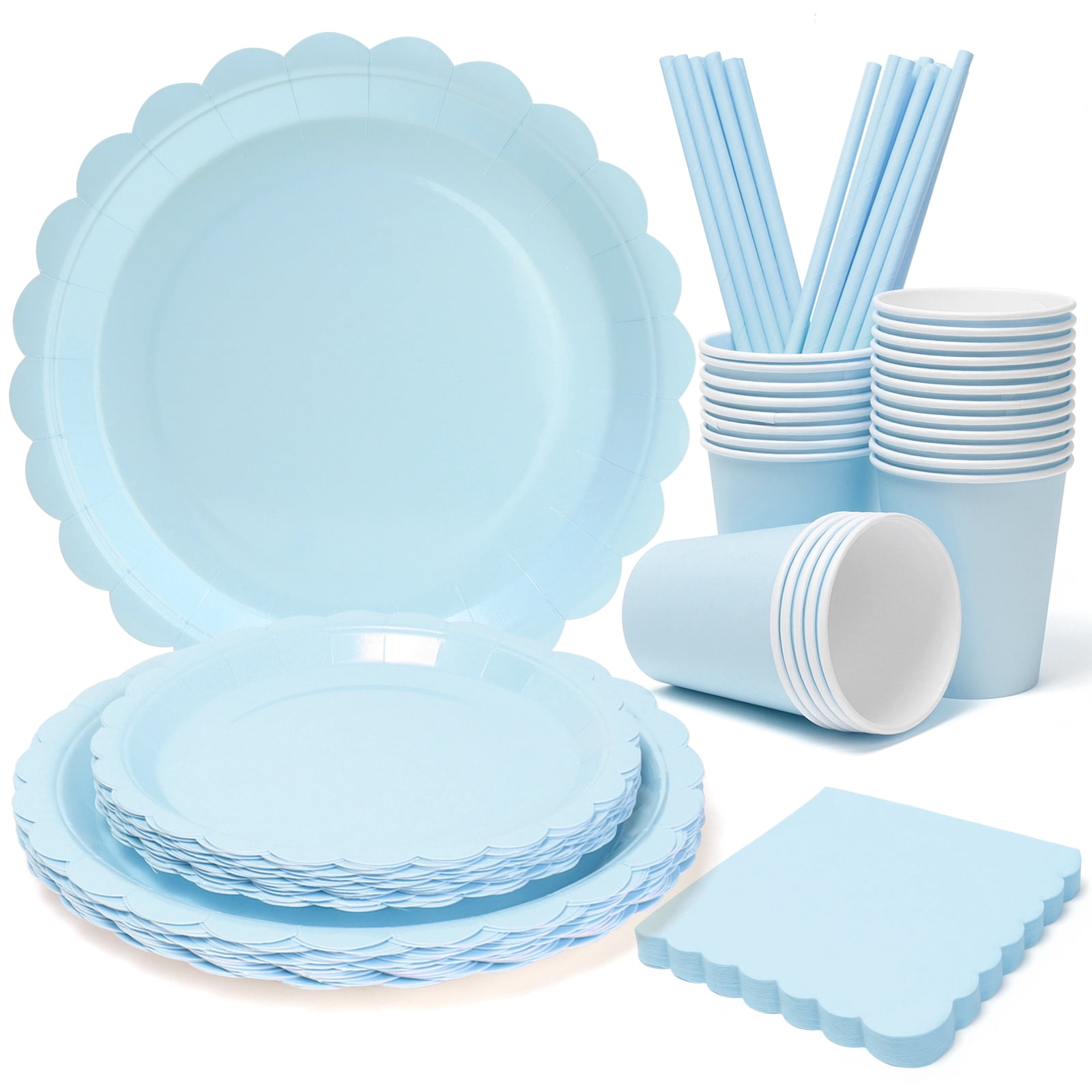 125PCS Party Plates and Cups and Napkins Sets, Light Blue Scalloped ...