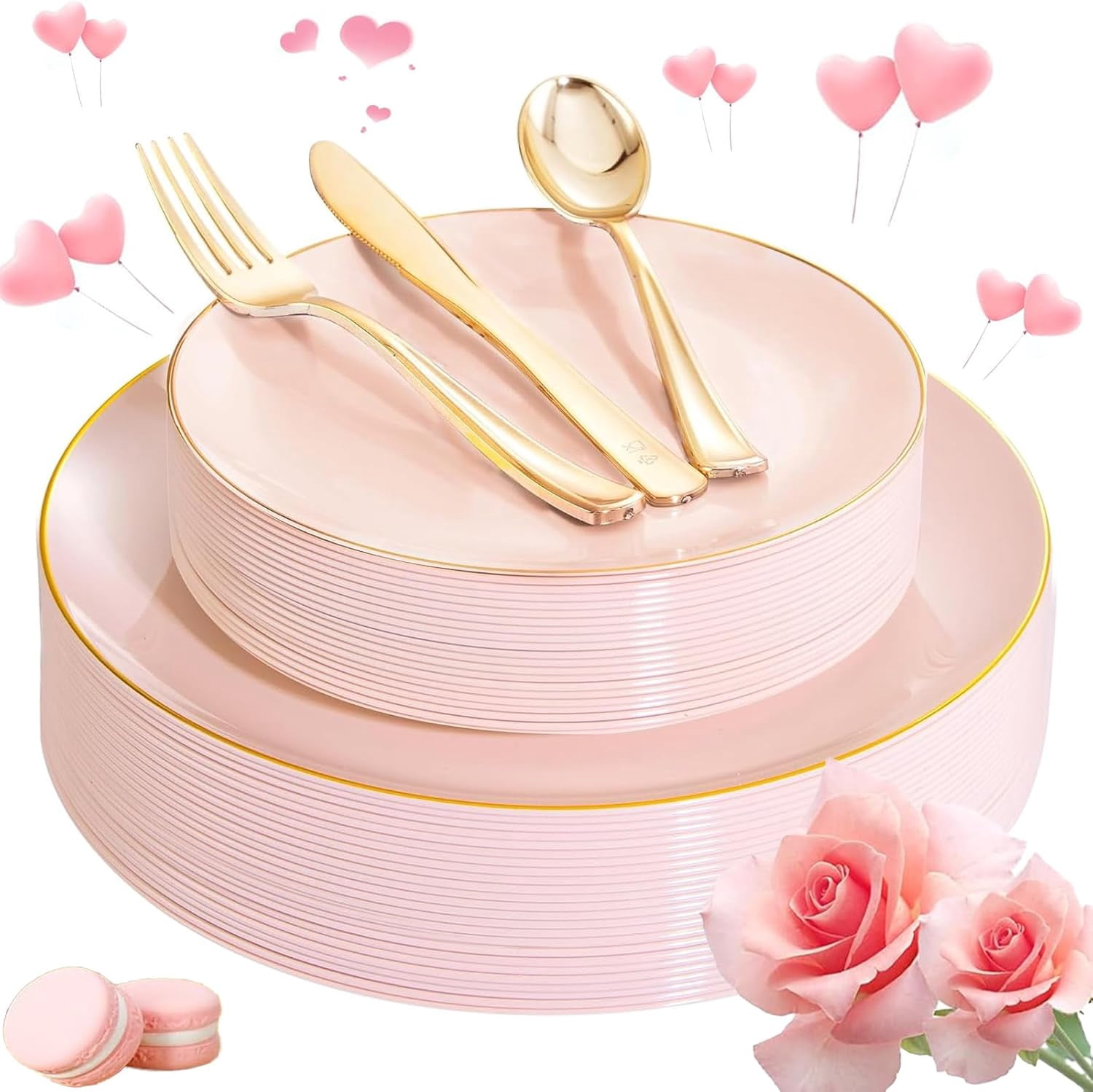 125PCS Pink Plastic Plates - Pink Disposable Plates with Gold Rim ...