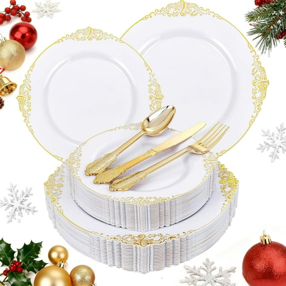 125PCS White and Gold Plastic Plates - Gold Disposable Plates with ...