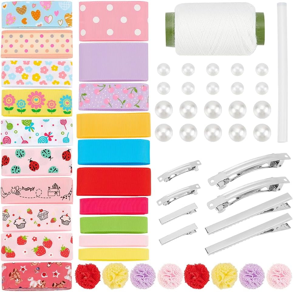 125Pcs Ribbon Hair Bows DIY Making Kit for Beginners Pearls Hair Bows ...