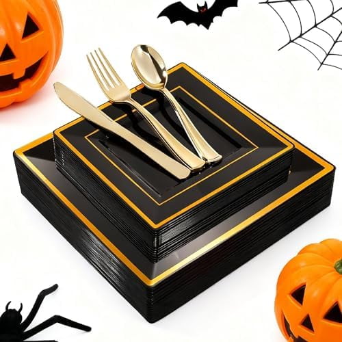 125Pieces Black Square Plastic Plates with Gold Rim Gold Disposable ...