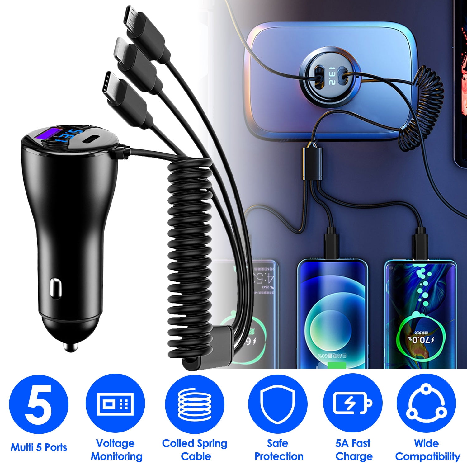 125W TeqHome 5 In 1 Fast Charge Car Charger QC PD USB Type C LT 5 Port ...