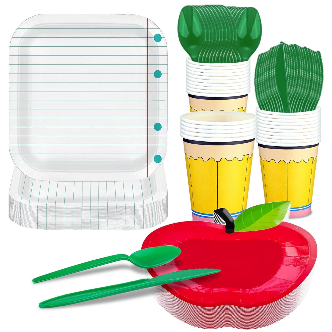 125pcs Back To School Tableware Set, Notebook Paper Plate Apple Napkins Yellow Paper Cups For 25 ...