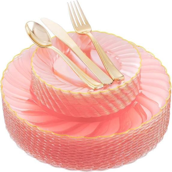 125pcs Clear Pink Plastic Plates with Gold Rim and Gold Plastic ...