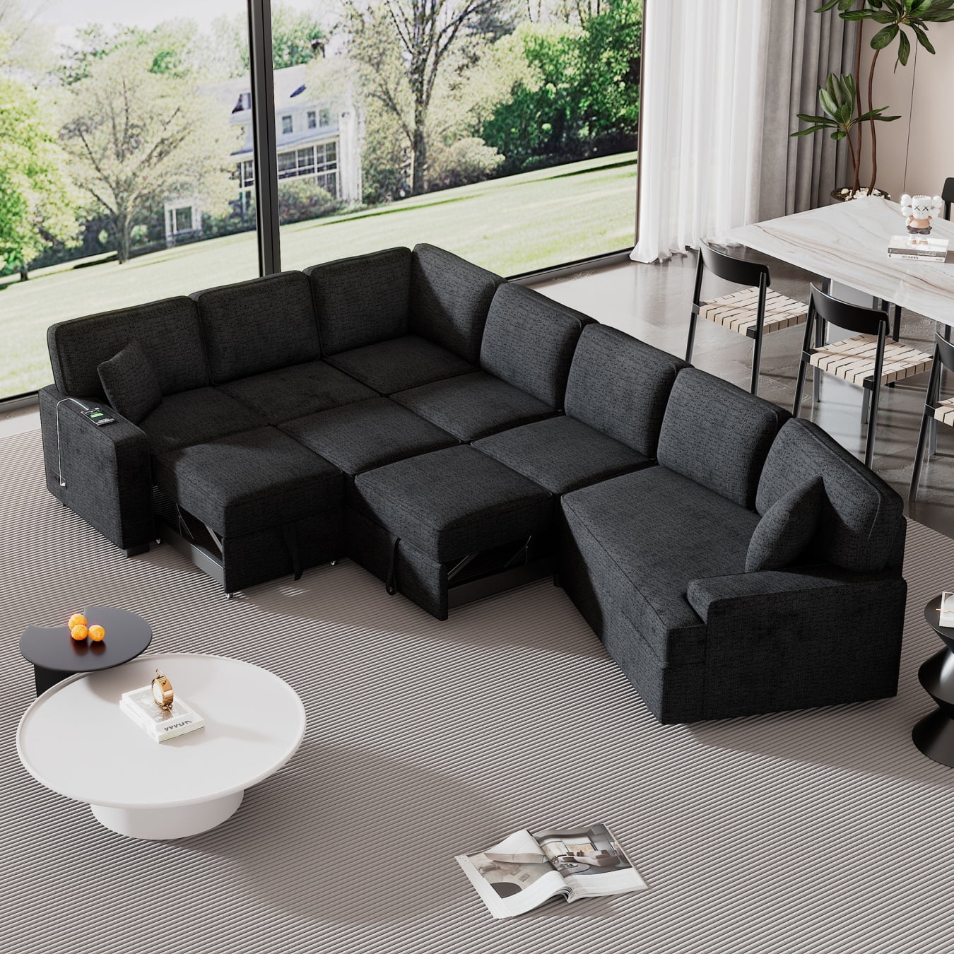 126" Extra Large Pull-Out Sofa Bed with Drop-Down Cup Holder Tables, L ...