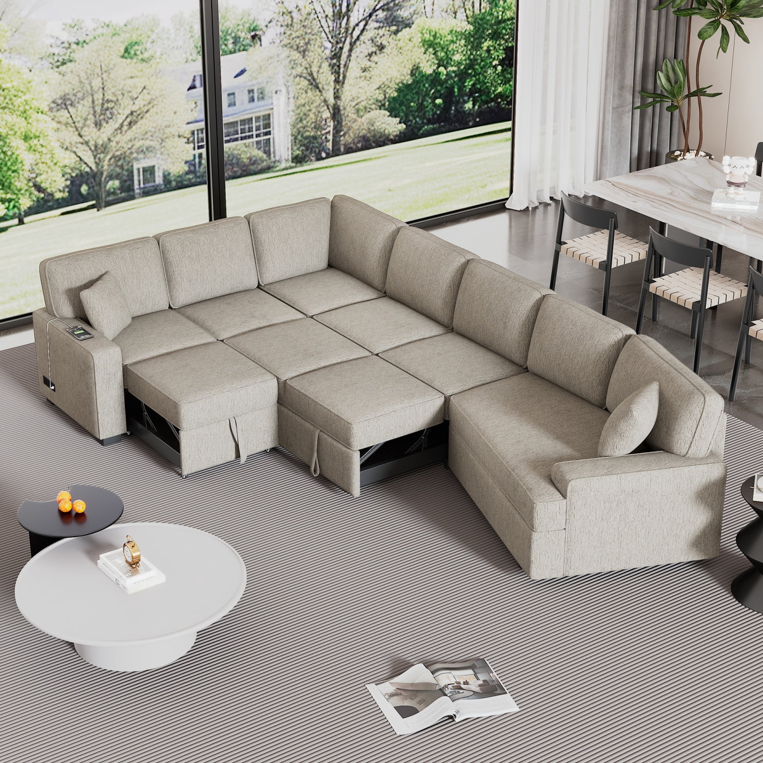 126" Extra Large Pull-Out Sofa Bed with Drop-Down Cup Holder Tables, L ...