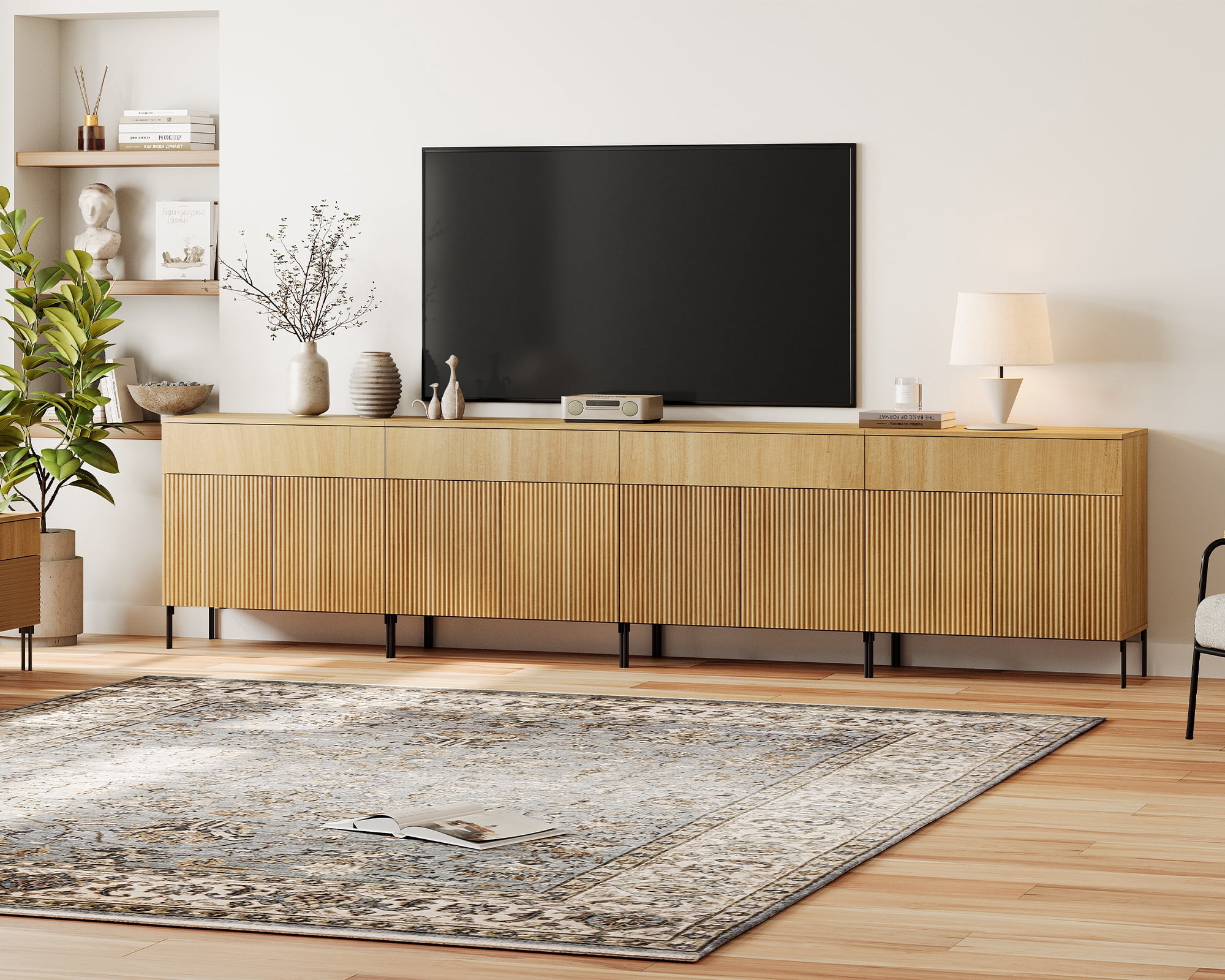 126" Long Modern Reeded TV Stand with Doors, Entertainment Center with ...