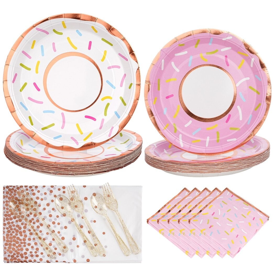 126PCS Donut Party Supplies, Disposable Paper Dinnerware Set, Donut ...