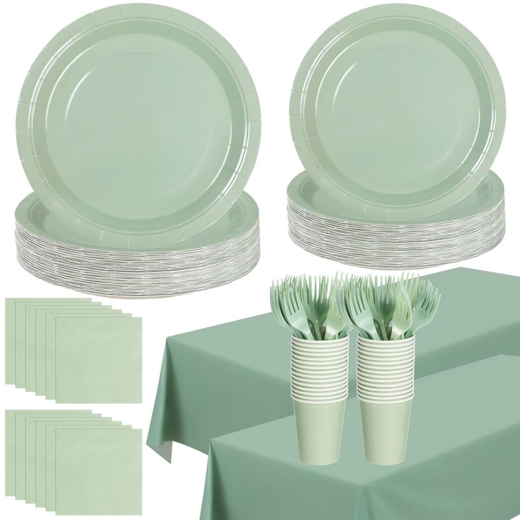 Taoou 127 Pcs Sage Green Party Supplies Set with Tablecloths, Plates ...