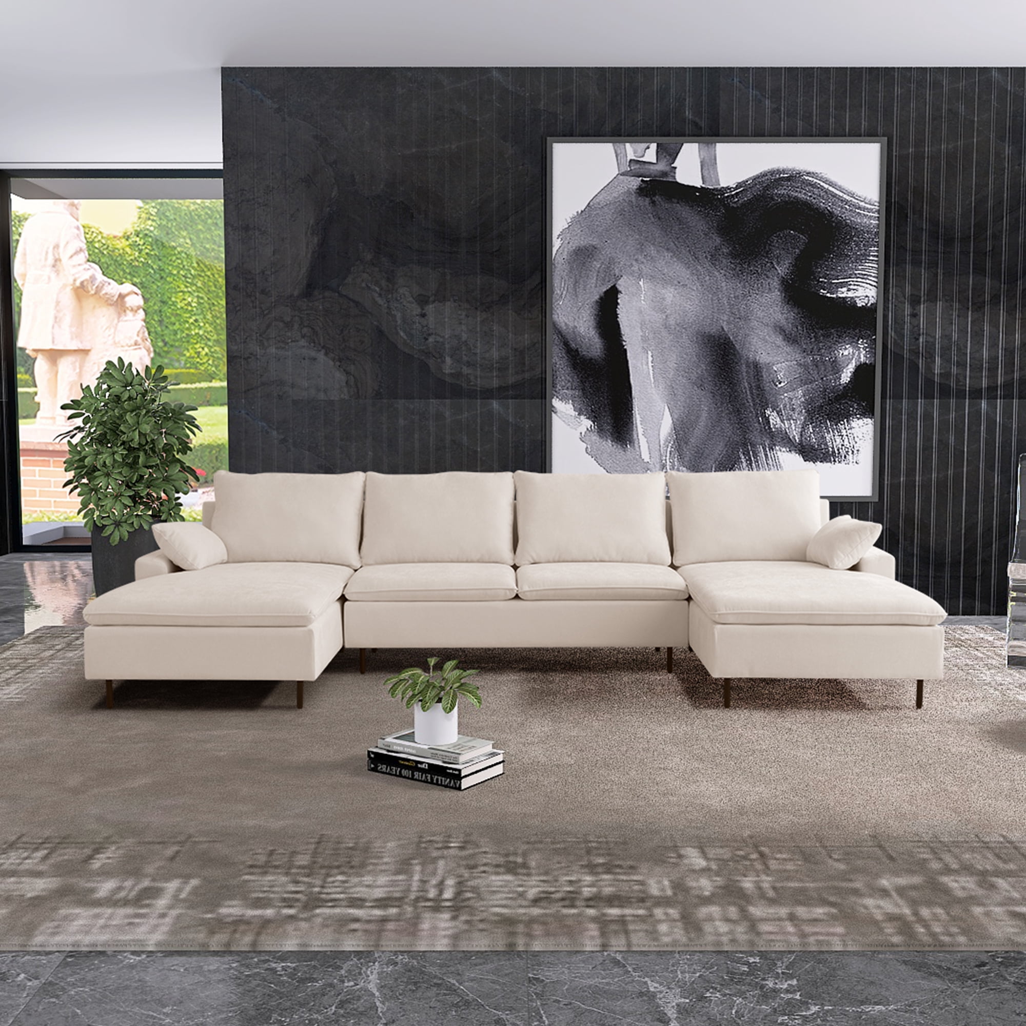 128'' Linen Convertible U-Shaped Sectional Sofa with Double Chaises ...