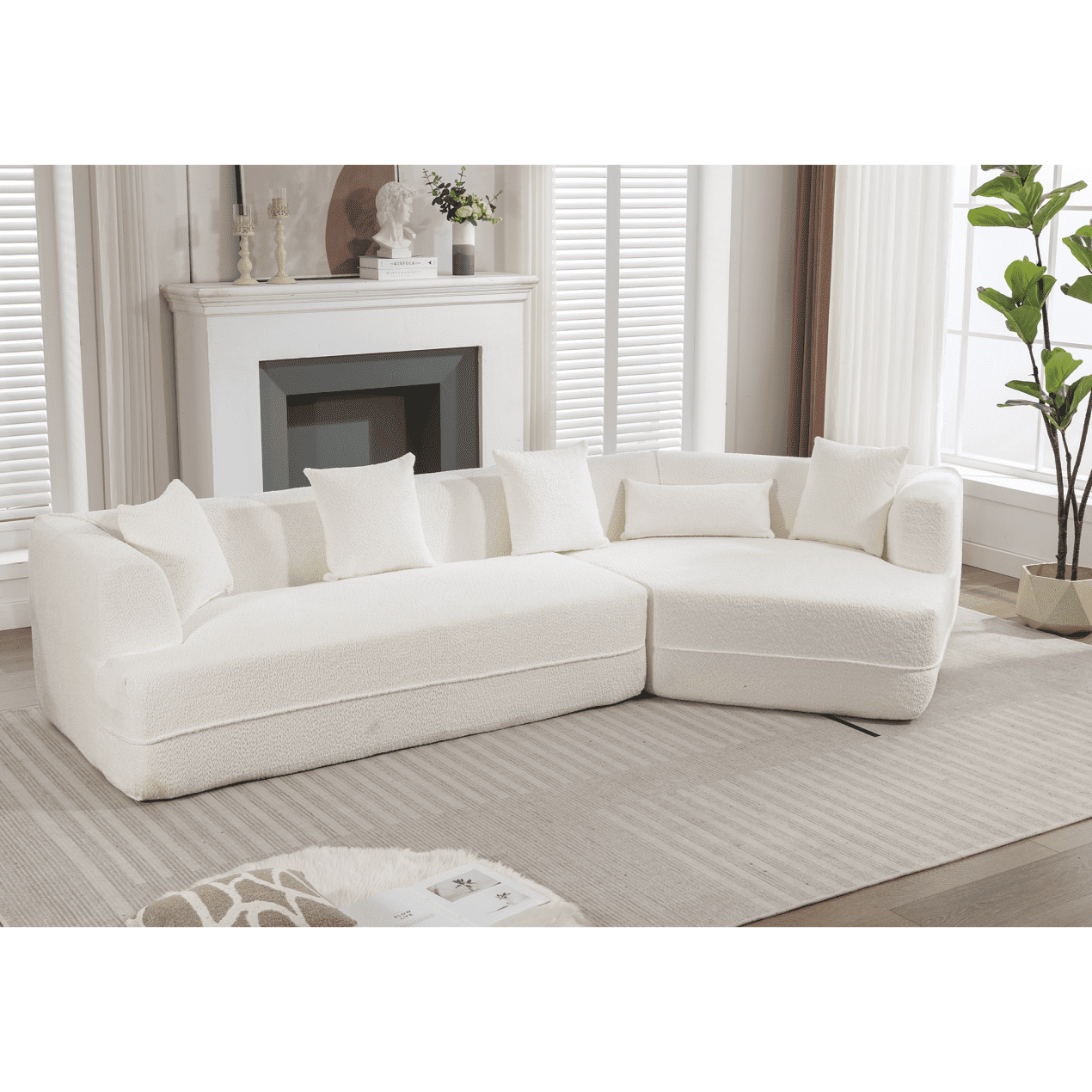 128" Modular Sectional Sofa with Flared Arms & Creamy White Boucle ...