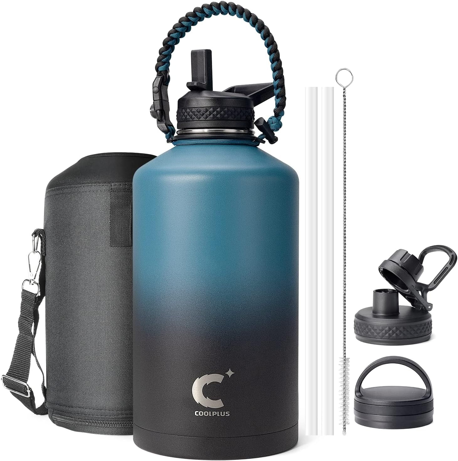 128 Oz Gallon Water Bottle Insulated with Paracord Handle & 3 Lids ...