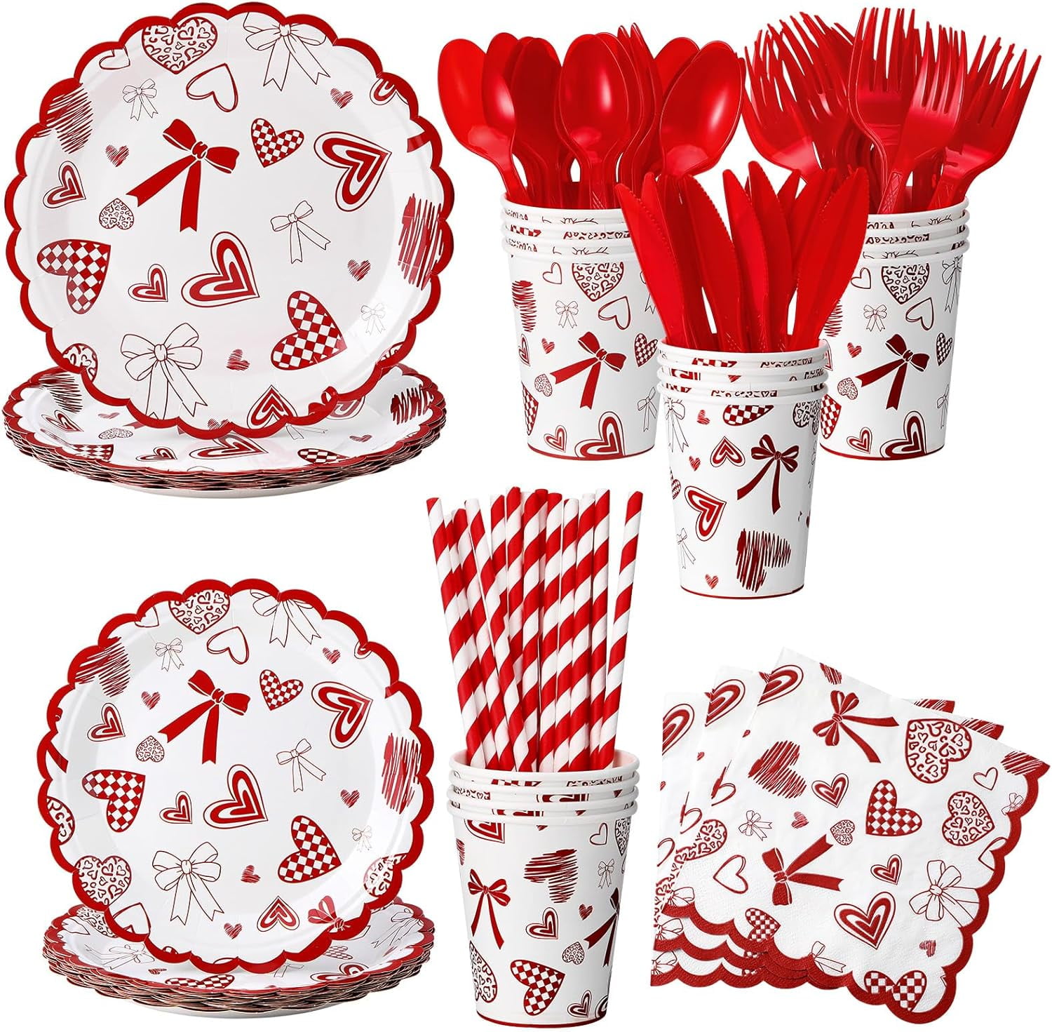 128 Pcs Valentine's Day Party Supplies Valentines Day Tableware Set Red ...