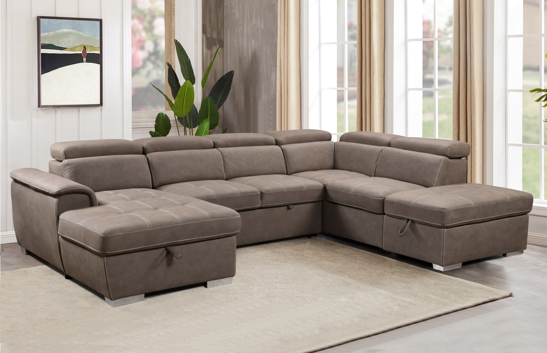 128" U Shaped Sectional Couch with Ottomans, 7 Seater Modular Sofa ...