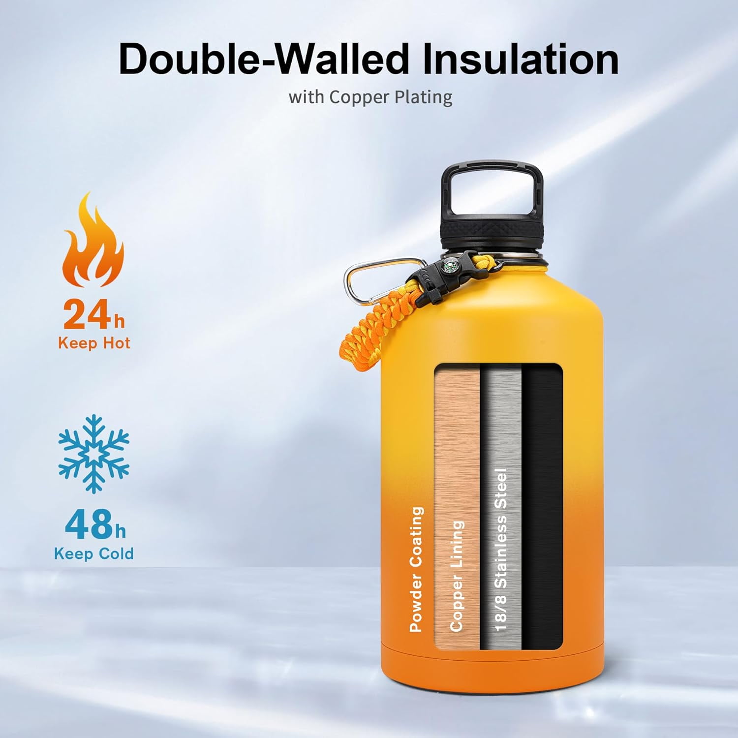 128 oz Insulated Water Bottle with Paracord Handle and Straw, Vacuum ...