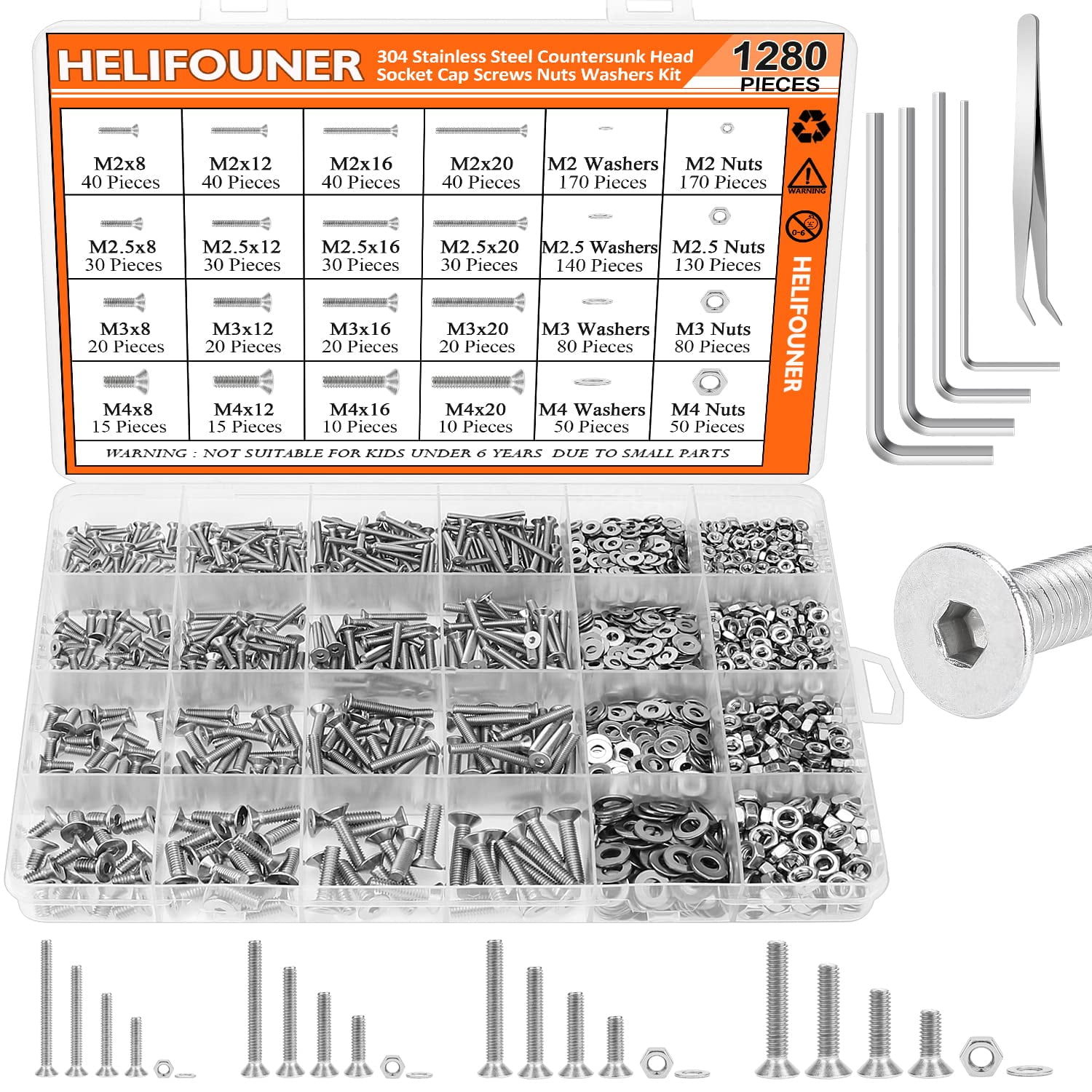 1280 Pieces M2 M2.5 M3 M4 304 Stainless Steel Countersunk Head Socket ...