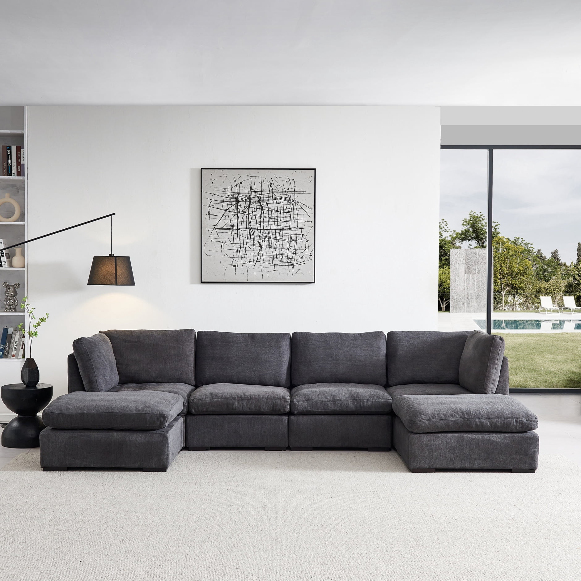 129" Modular Sectional Sofa, Linen Fabric U-Shape Sofa with Removable ...