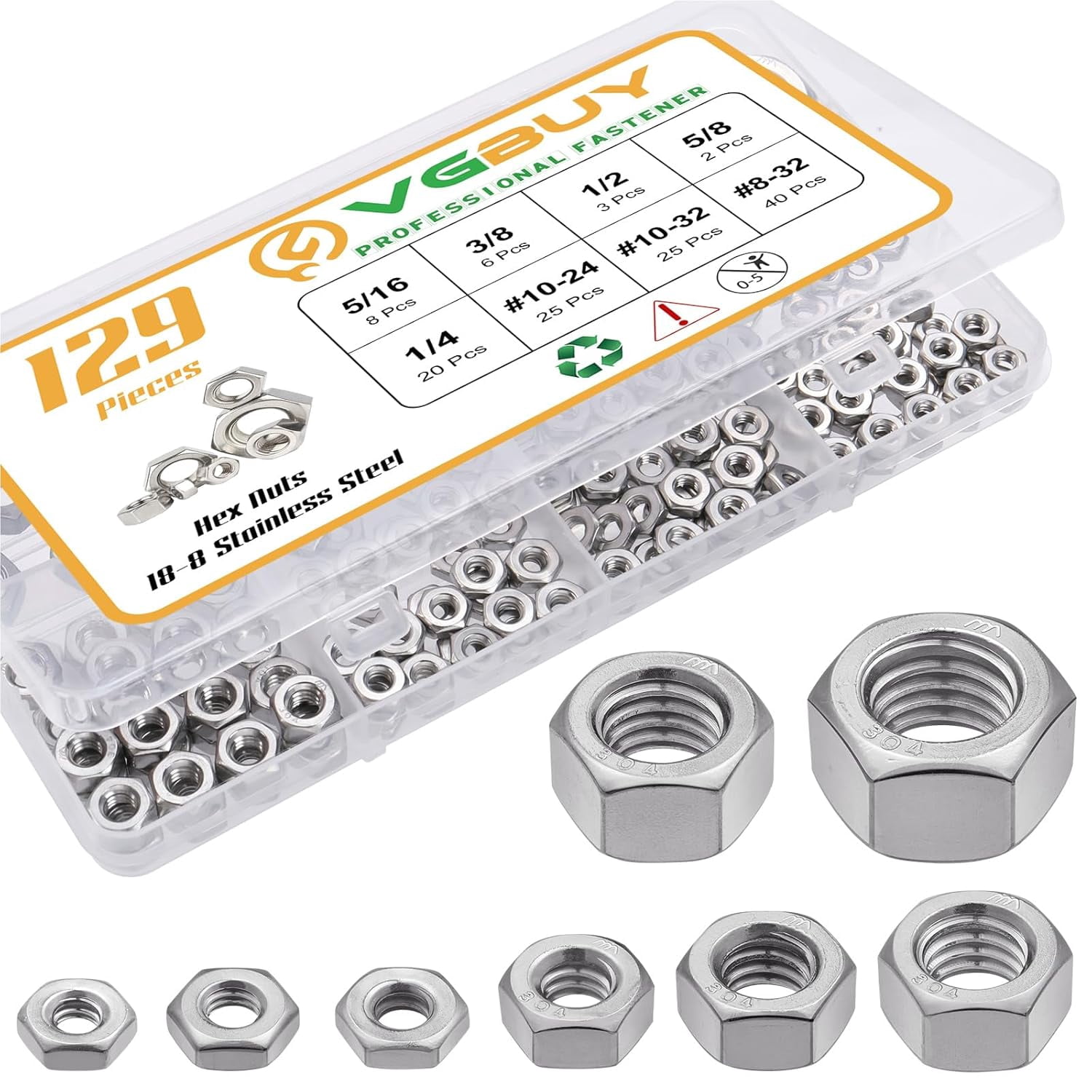 129pcs SAE Hex Nuts Assortment Kit 8-32 10-24 10-32 1/4"-20 5/16"-18 3/ ...