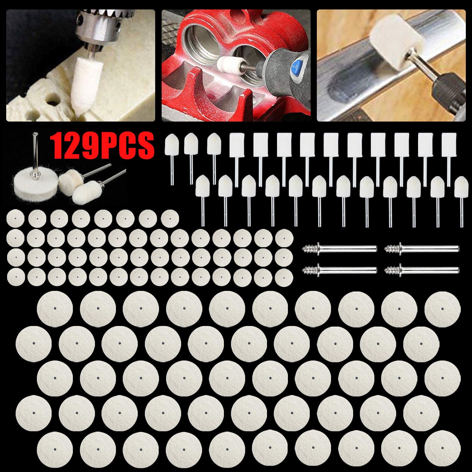 129x Wool Felt Buffing Polishing Pads Wheel Set For Dremel Grinder ...
