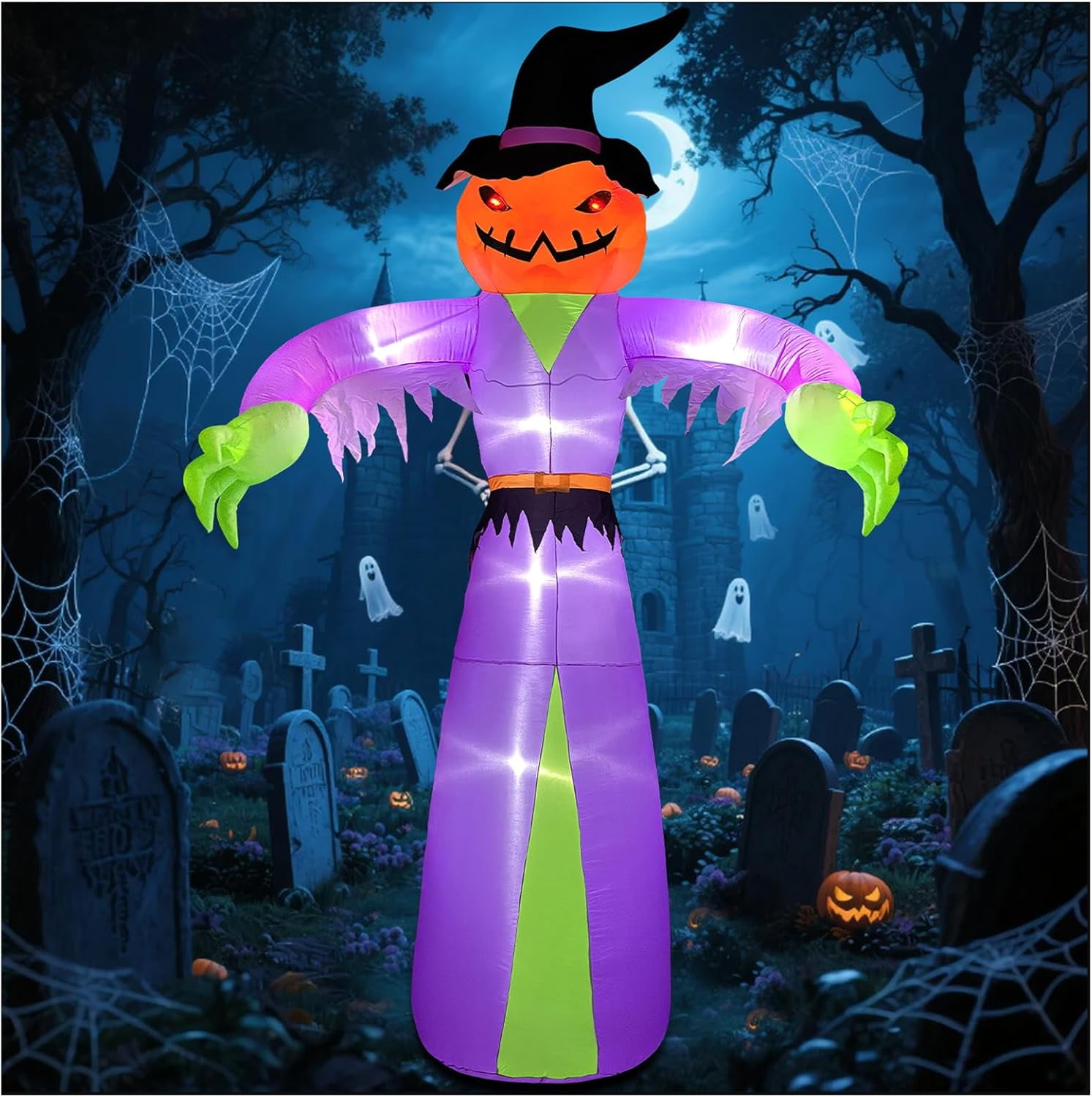 12FT Giant Halloween Inflatables Pumpkin Ghost with Witch Hat ...
