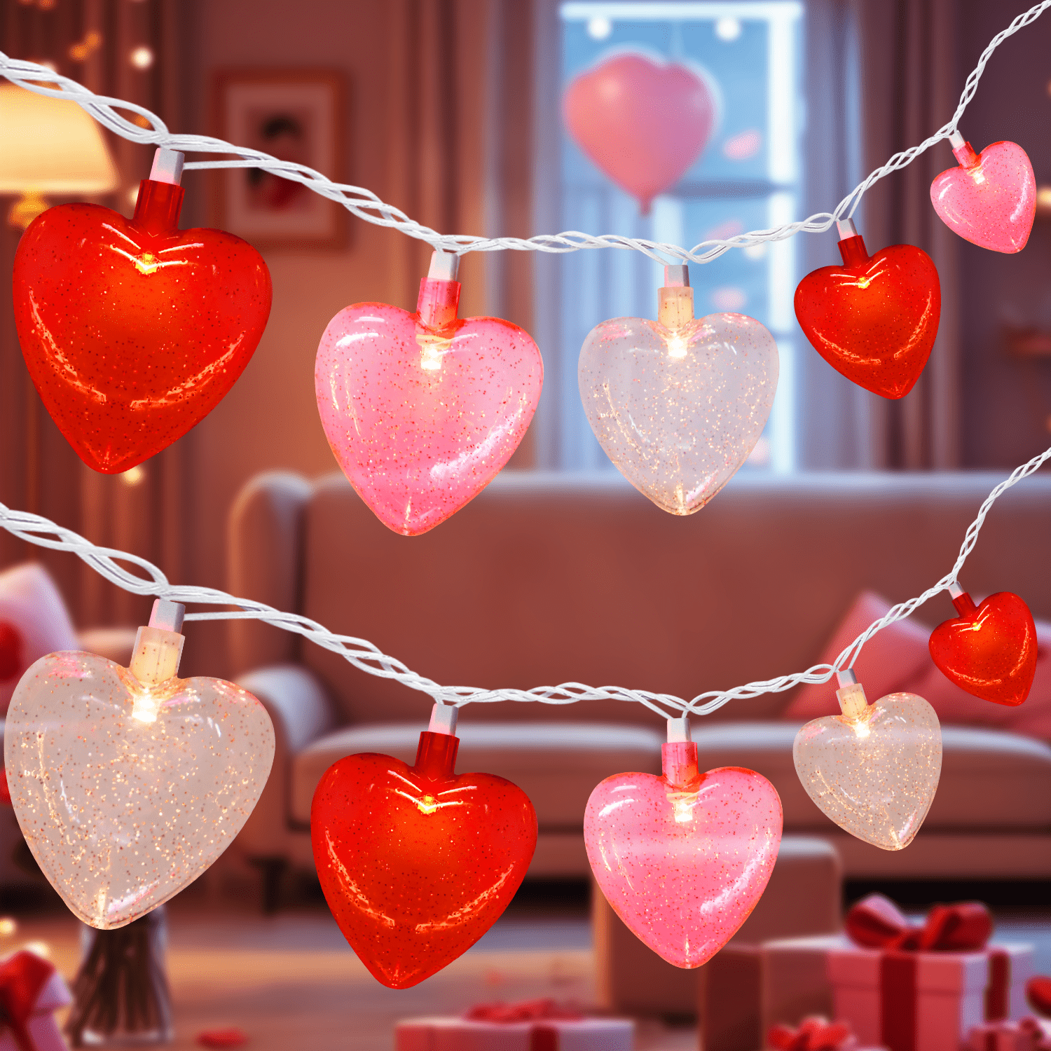 12FT Heart Shape String Lights with 20 LEDs Red Pink and White 3D Heart ...