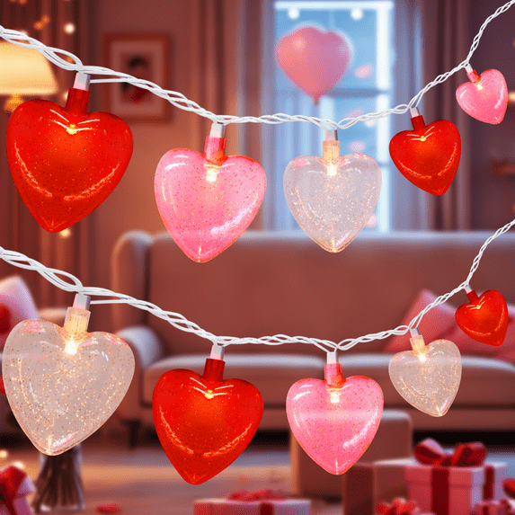 12FT Heart Shape String Lights with 20 LEDs Red Pink and White 3D Heart ...