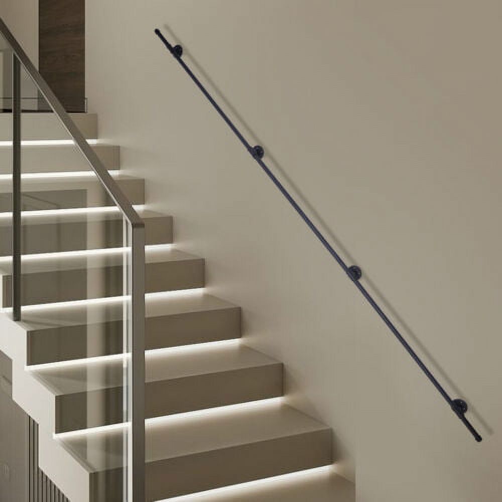 12FT Loft Pipe Handrail for Stairs with 4 Wall Support Industrial Black ...