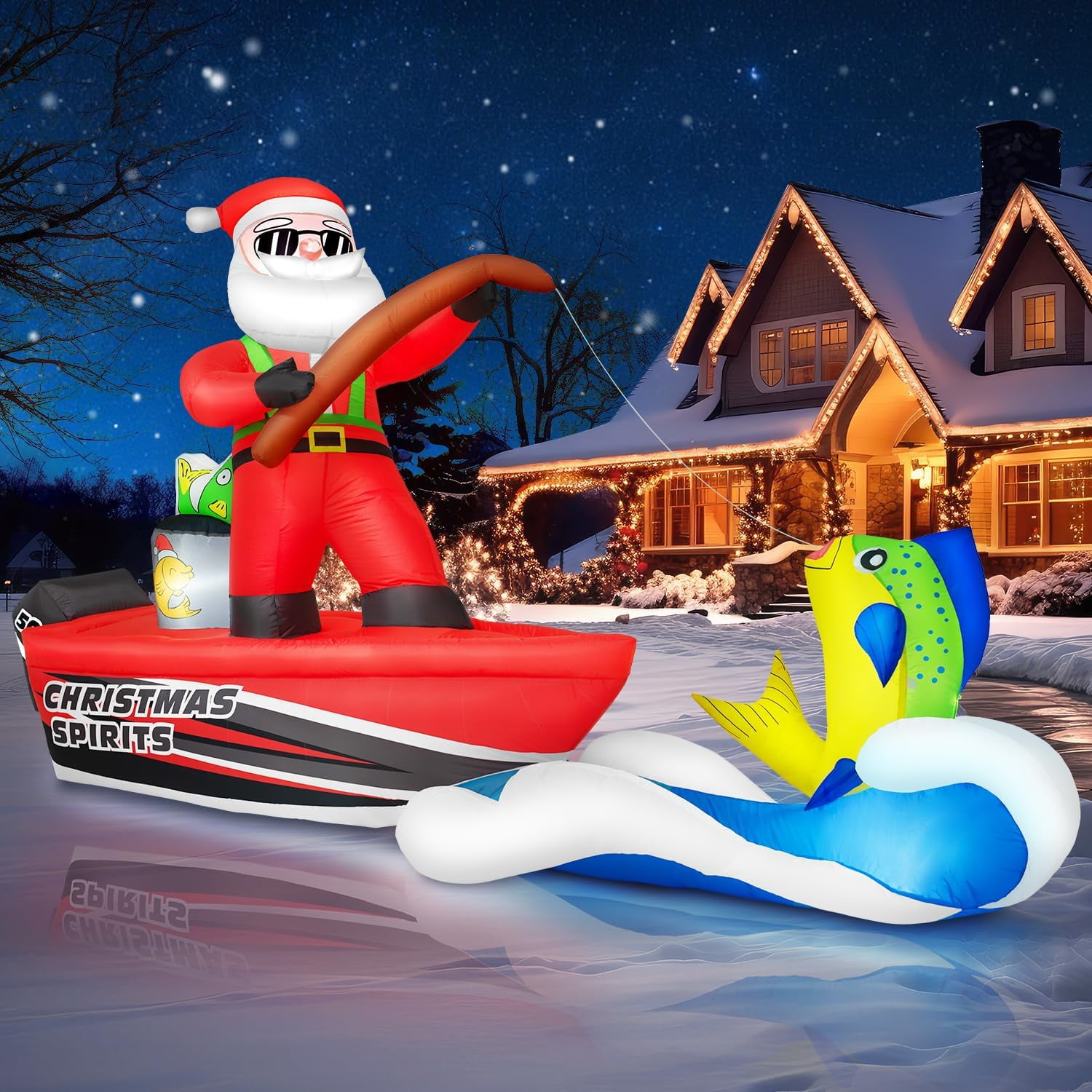 12FT Long Christmas Inflatables Santa Sea Fishing on Giant Boat ...