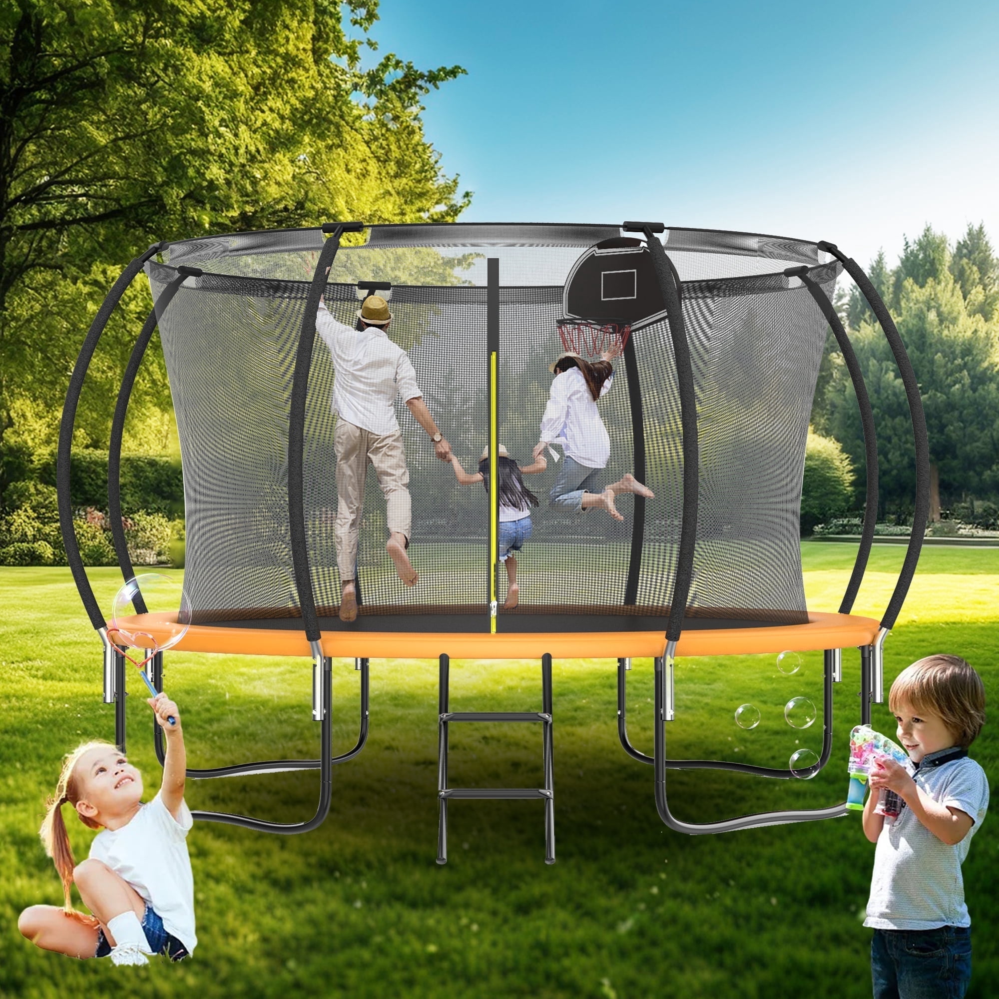 12FT Round Backyard Tranpoline with Safety Enclosure Net and T-Hook for ...
